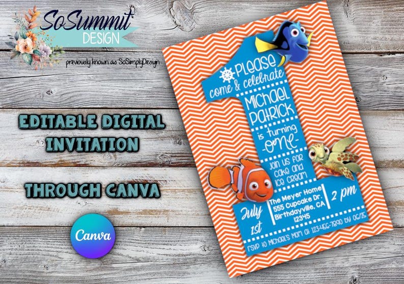 Editable Nemo 1st Birthday Invitation, Nemo Birthday Invitations, Nemo ...