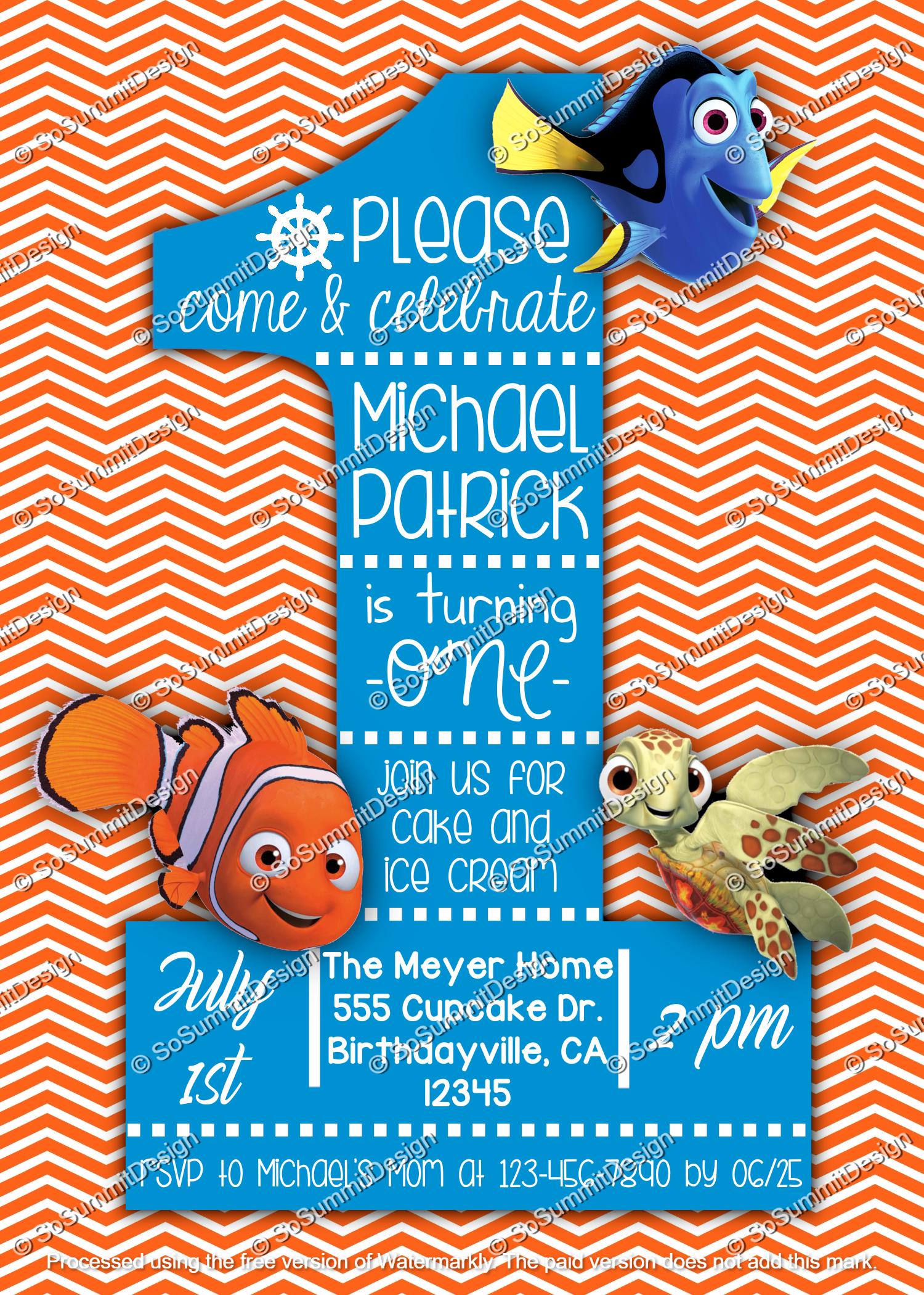 Editable Nemo 1st Birthday Invitation, Nemo Birthday Invitations, Nemo ...