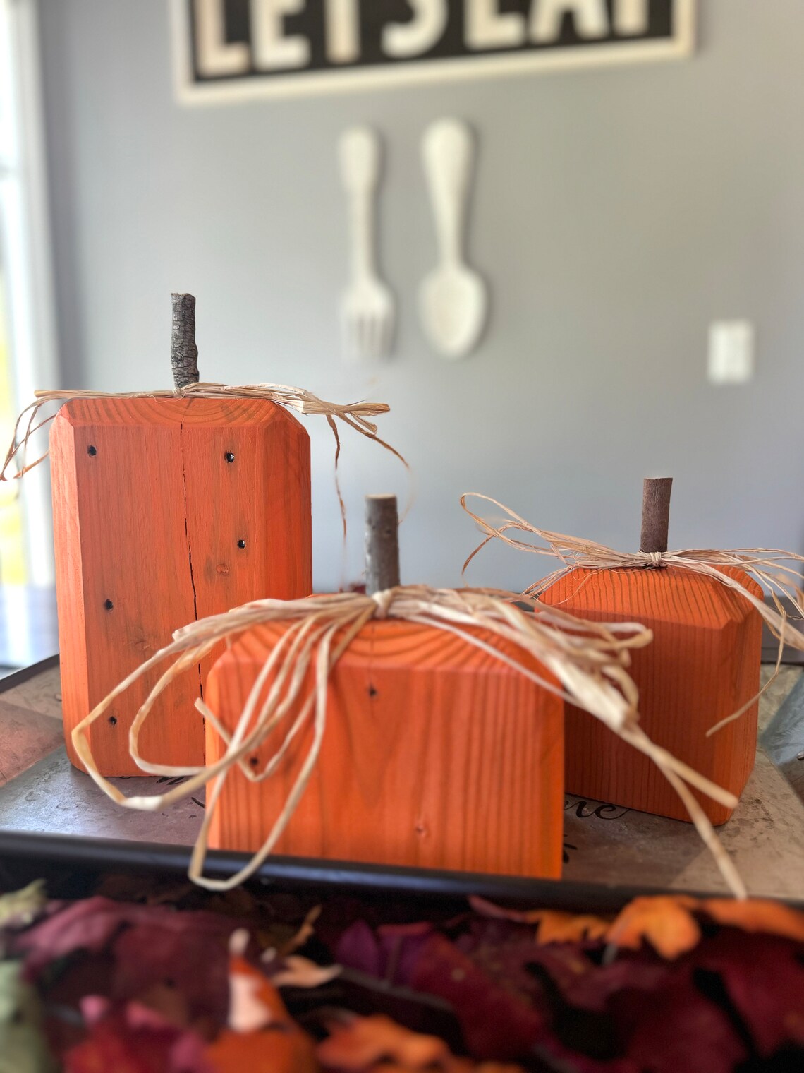 Set of 3 Rustic Wooden Pumpkins Orange Farmhouse Handmade Decor Fall ...