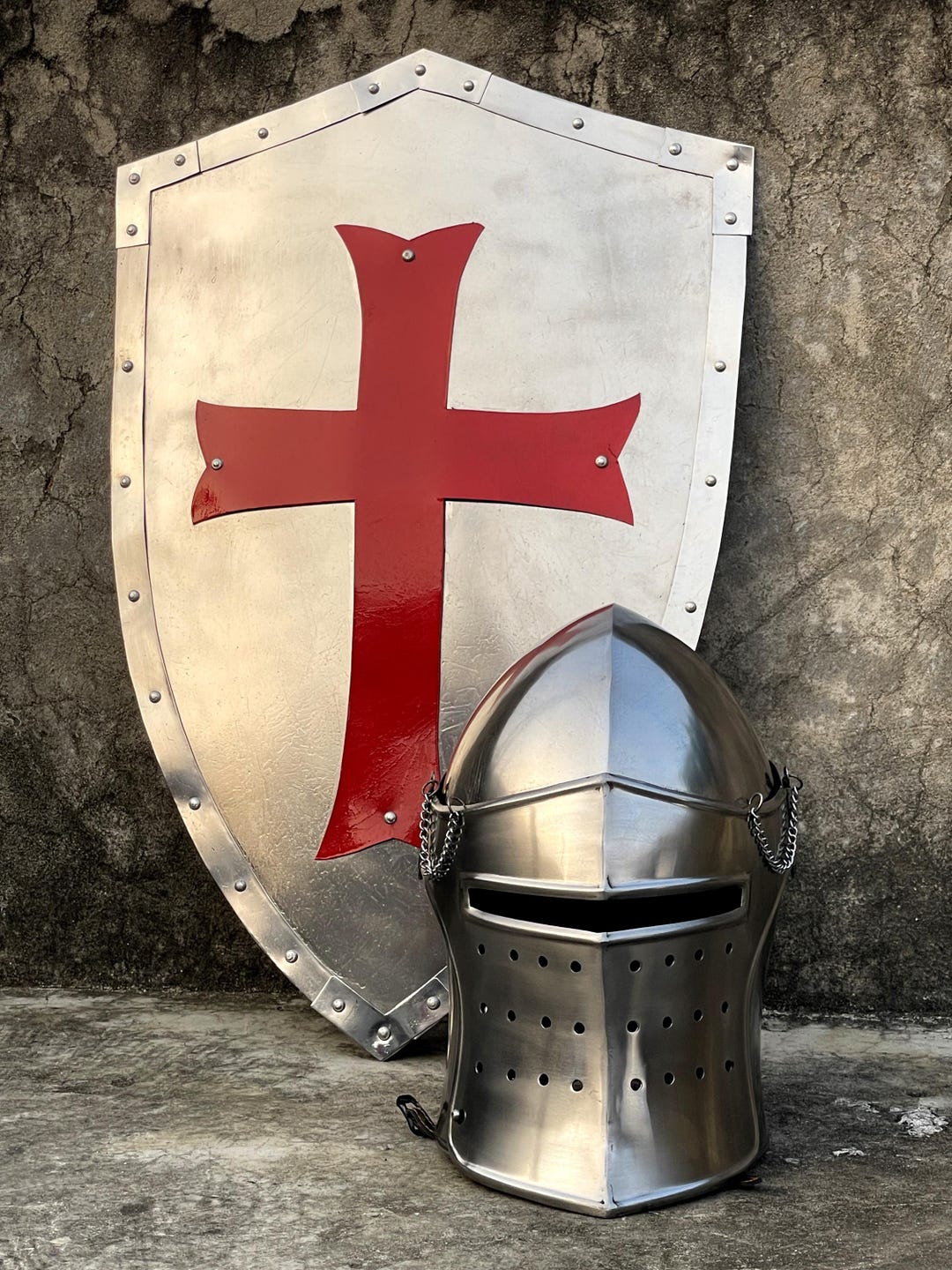 Medieval Barbuta Helmet With Templar Armor Shield Steel Collectible ...