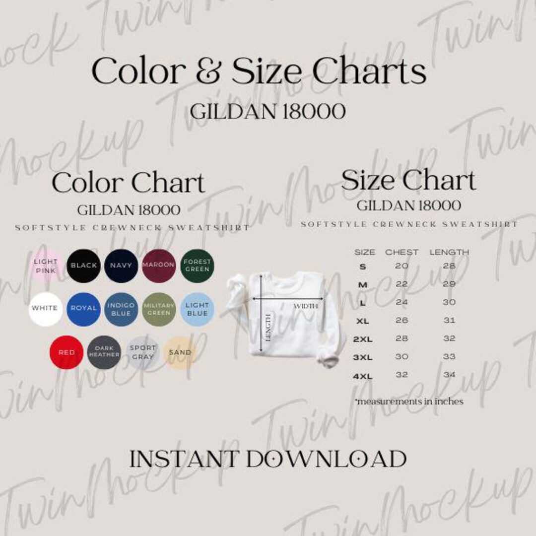 Gildan 18000 Size and Color Chart for Printify Users, Editable Canva ...