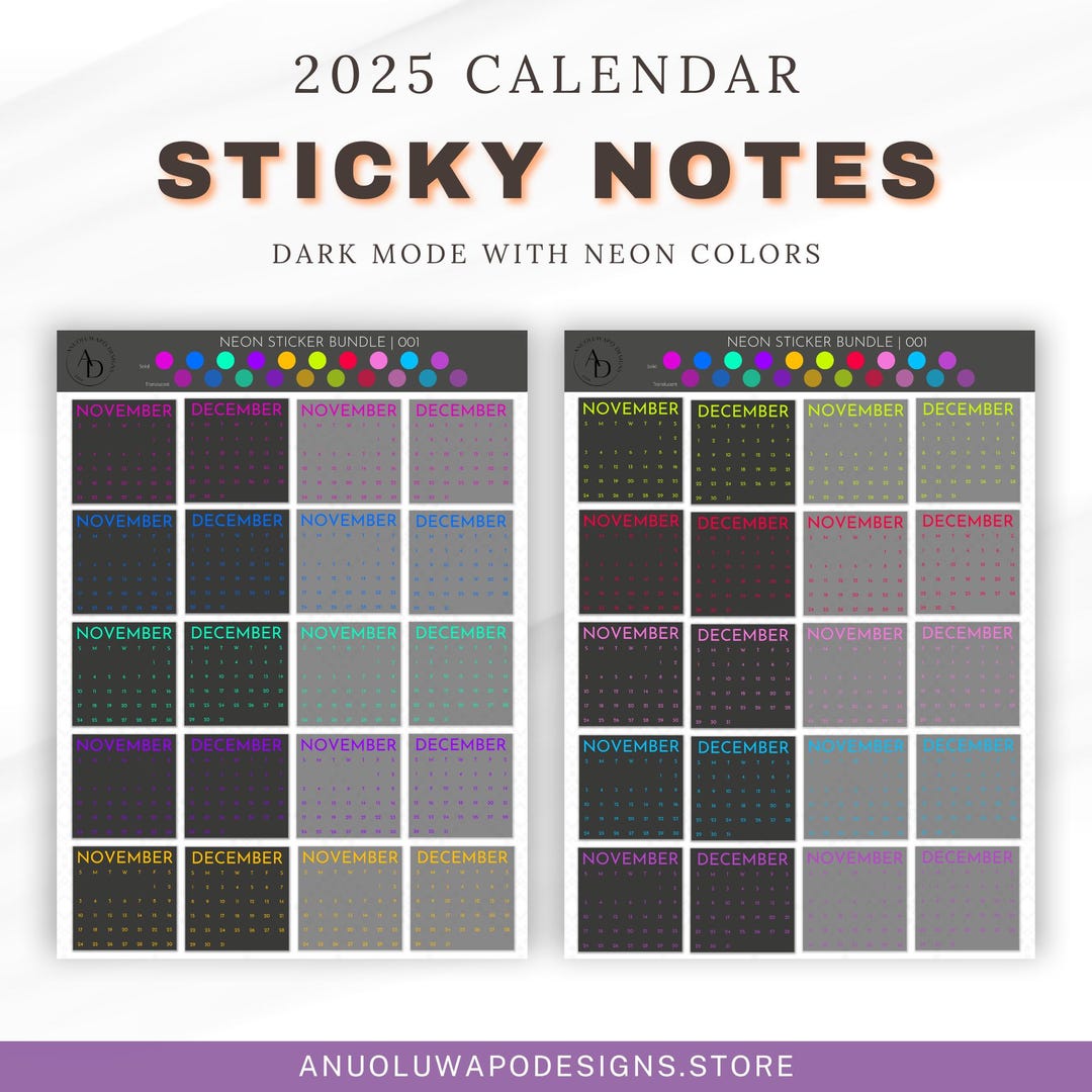 2025 Neon Digital Calendar Sticky Notes | Vibrant Colors | Dark Mode ...