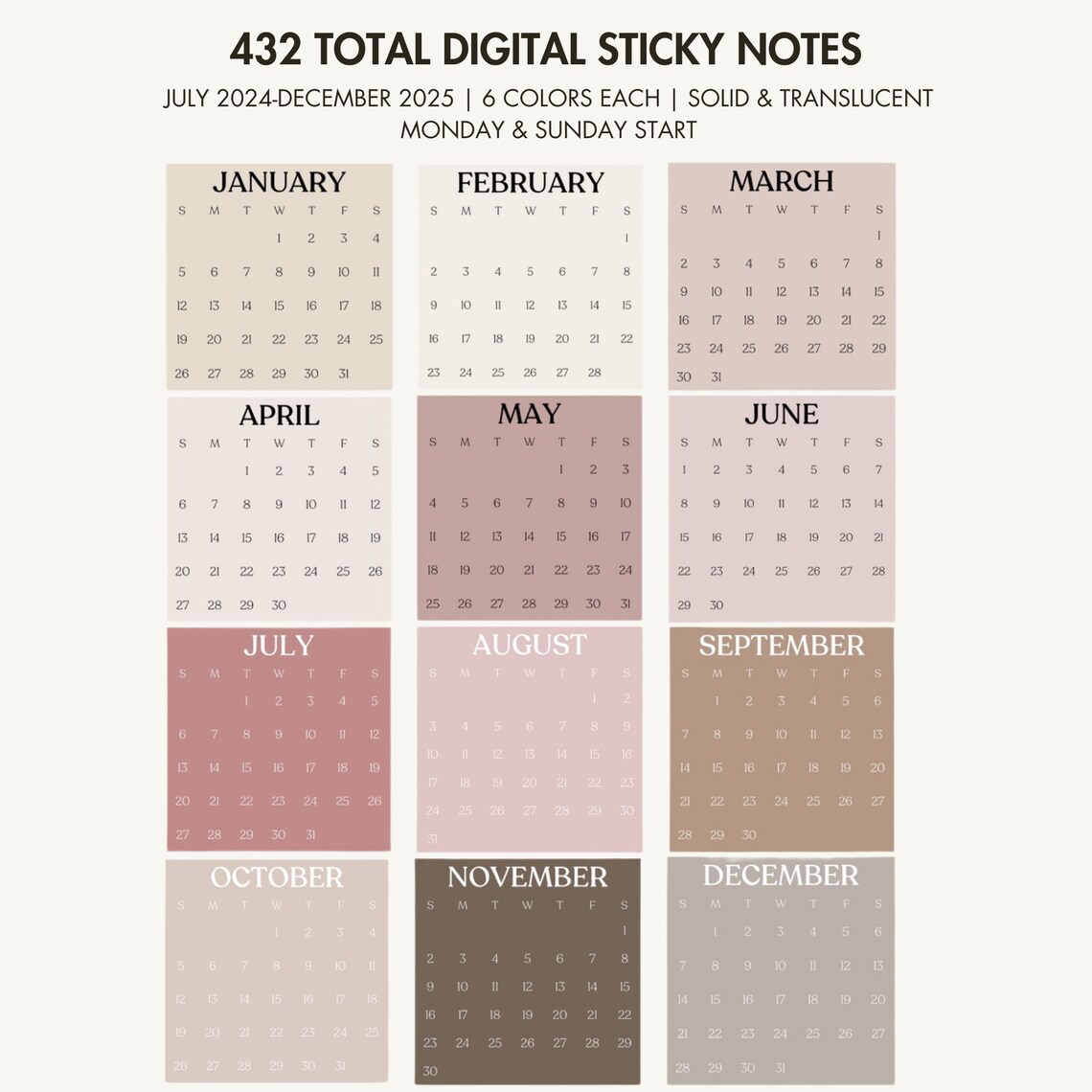 Digital Calendar Sticky Notes Neutral Digital Stickers Monday and ...