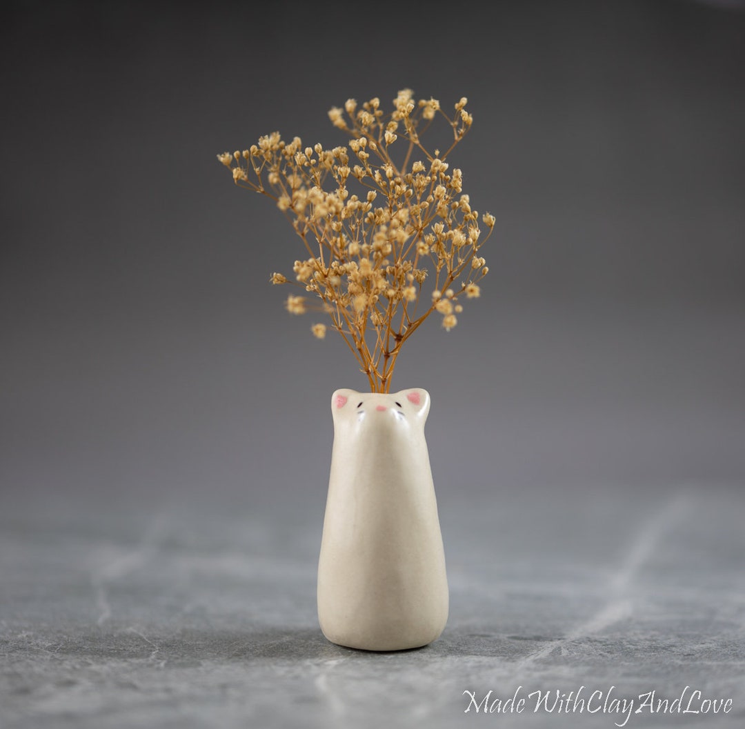 Little White Kitty Bud Vase Miniature Tiny Ceramic Porcelain Cat Animal ...