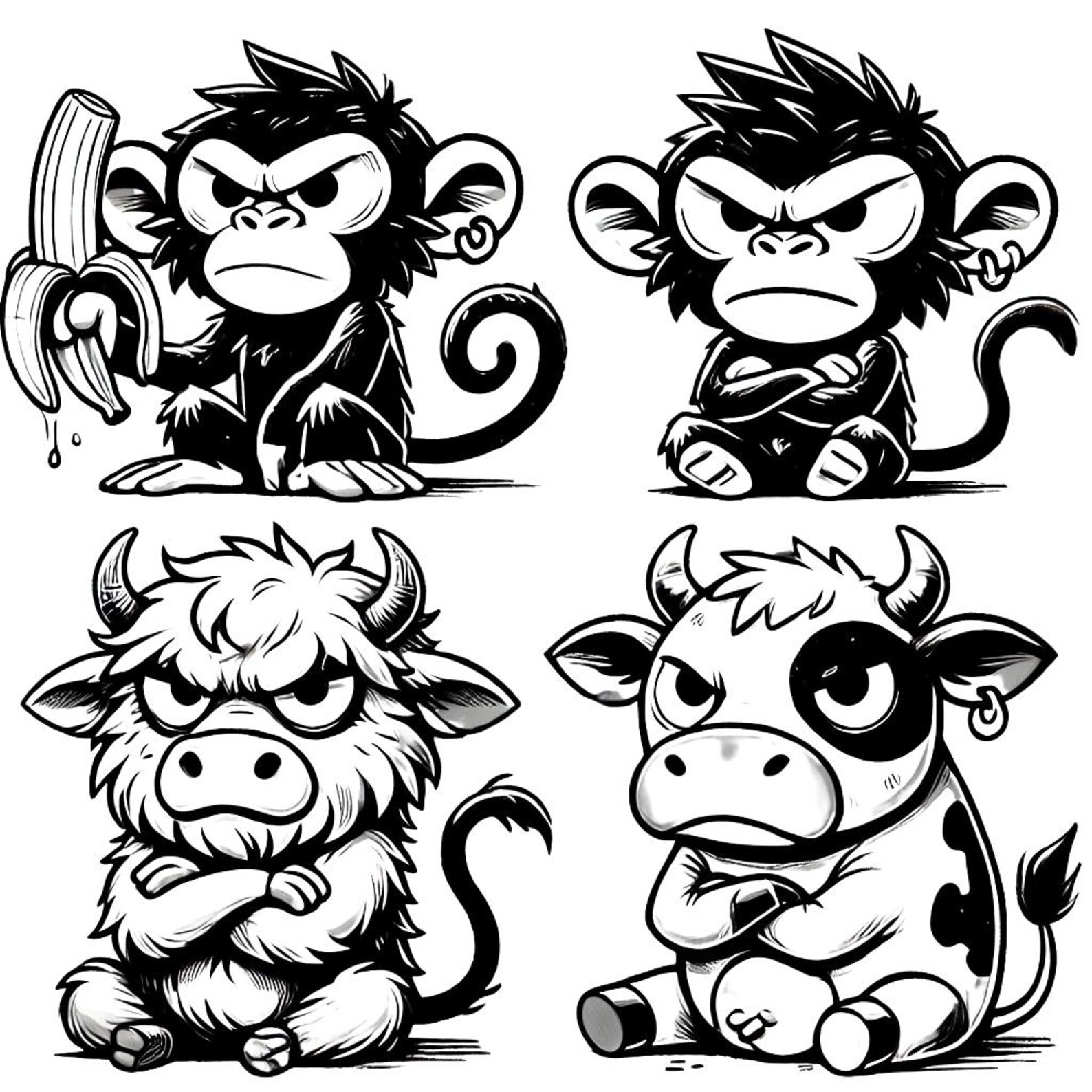 Grumpy Cartoon Animals PNG Monkeys and Cows Clipart - Etsy