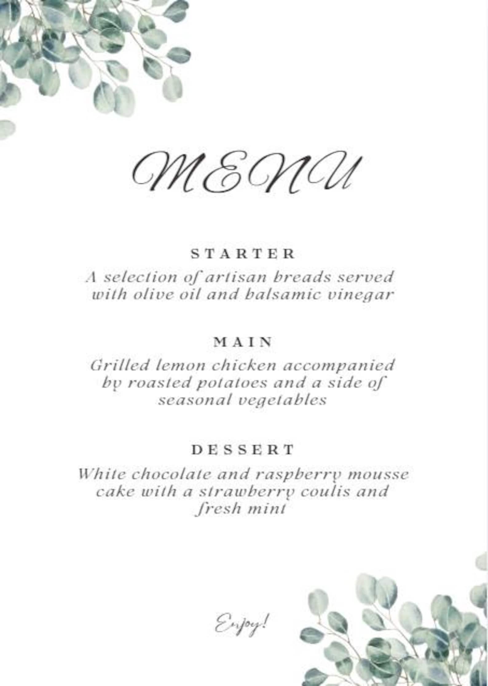 Simplistic and Elegant Wedding Menu Digital Download Template - Etsy