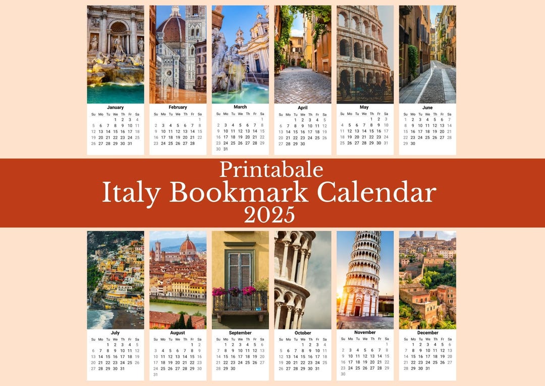 2025 Calendar Bookmarks Printable Digital Set of 12 Italian-themed ...