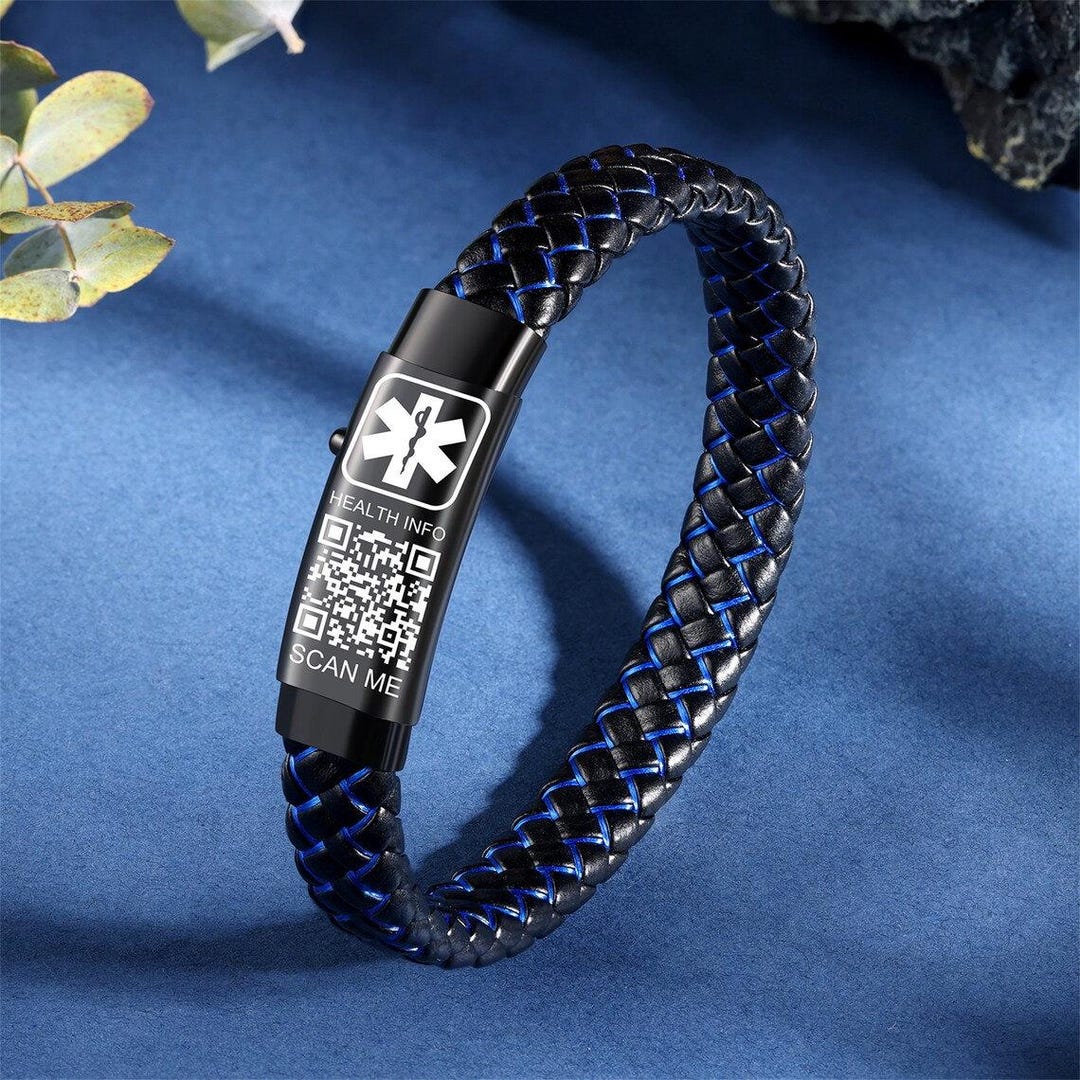 Qr Code Medical Alert Leather Bracelets for Men-stainless Steel Medical ...