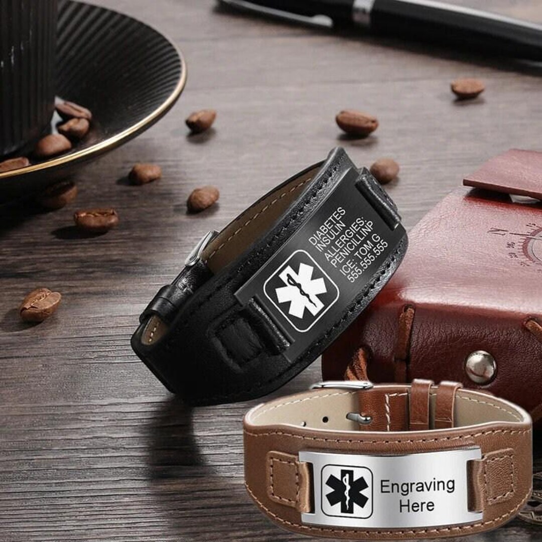 Personalized Leather Medical Alert Bracelet Id Wristbands Adjustable ...
