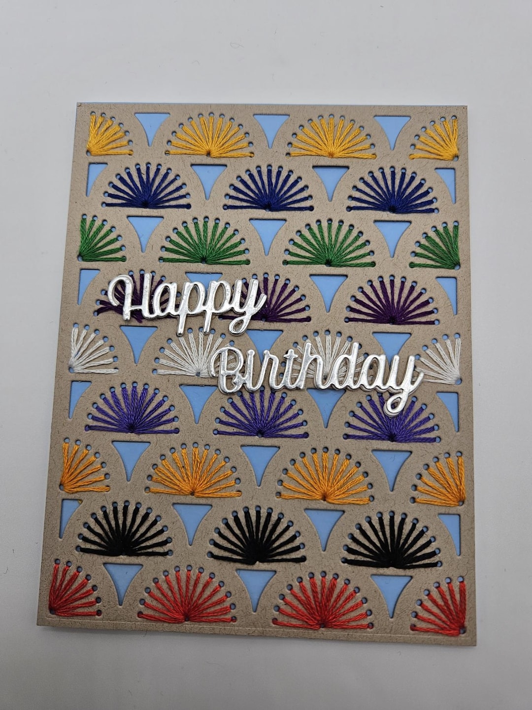Handmade Happy Birthday Fanfare Card (rainbow Stitched Fans + Silver ...