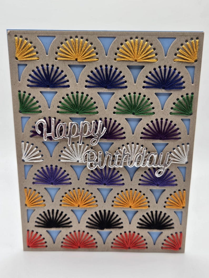 Handmade Happy Birthday Fanfare Card (rainbow Stitched Fans + Silver ...