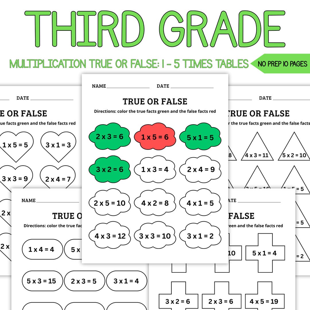 Multiplication True or False Worksheets 1-5 Times Tables | 3rd Grade ...