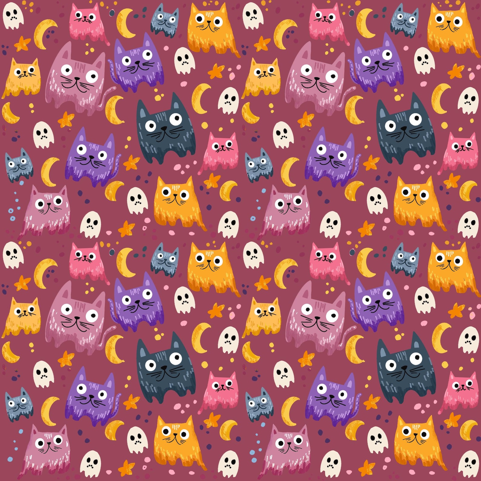 Cute Cats Halloween Seamless Pattern: Handdrawn Spooky Digital Paper ...