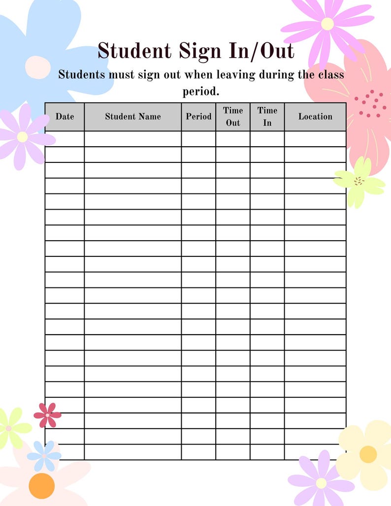 Floral Student Sign in Sheet - Etsy