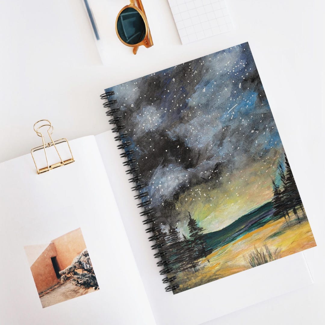 Blue & Yellow Stary Night and Forest Sunset Notebook, Lined Paper in ...