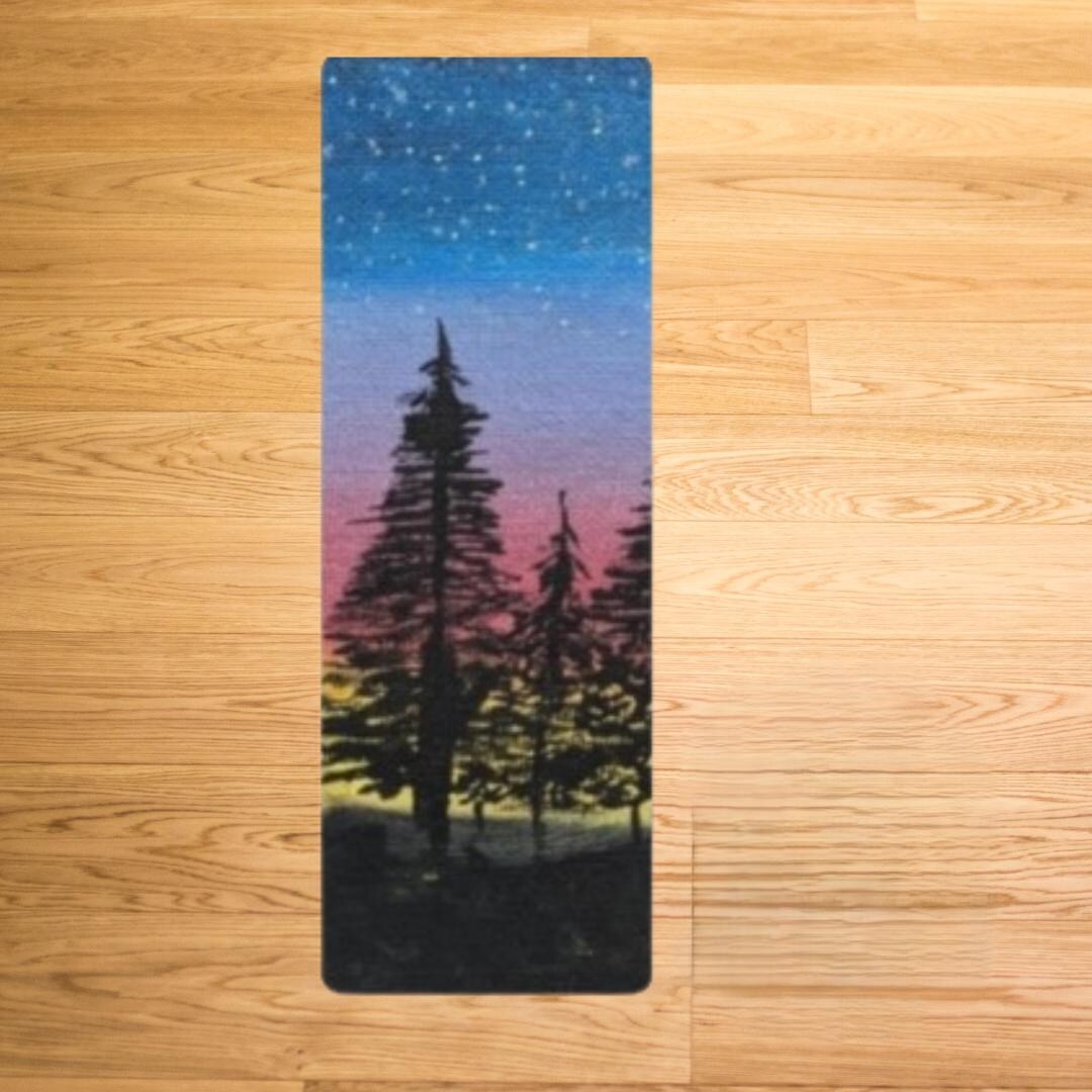 Twilight & Trees, Mountain Scene Rubber Yoga Mat, Microfiber Suede Top ...