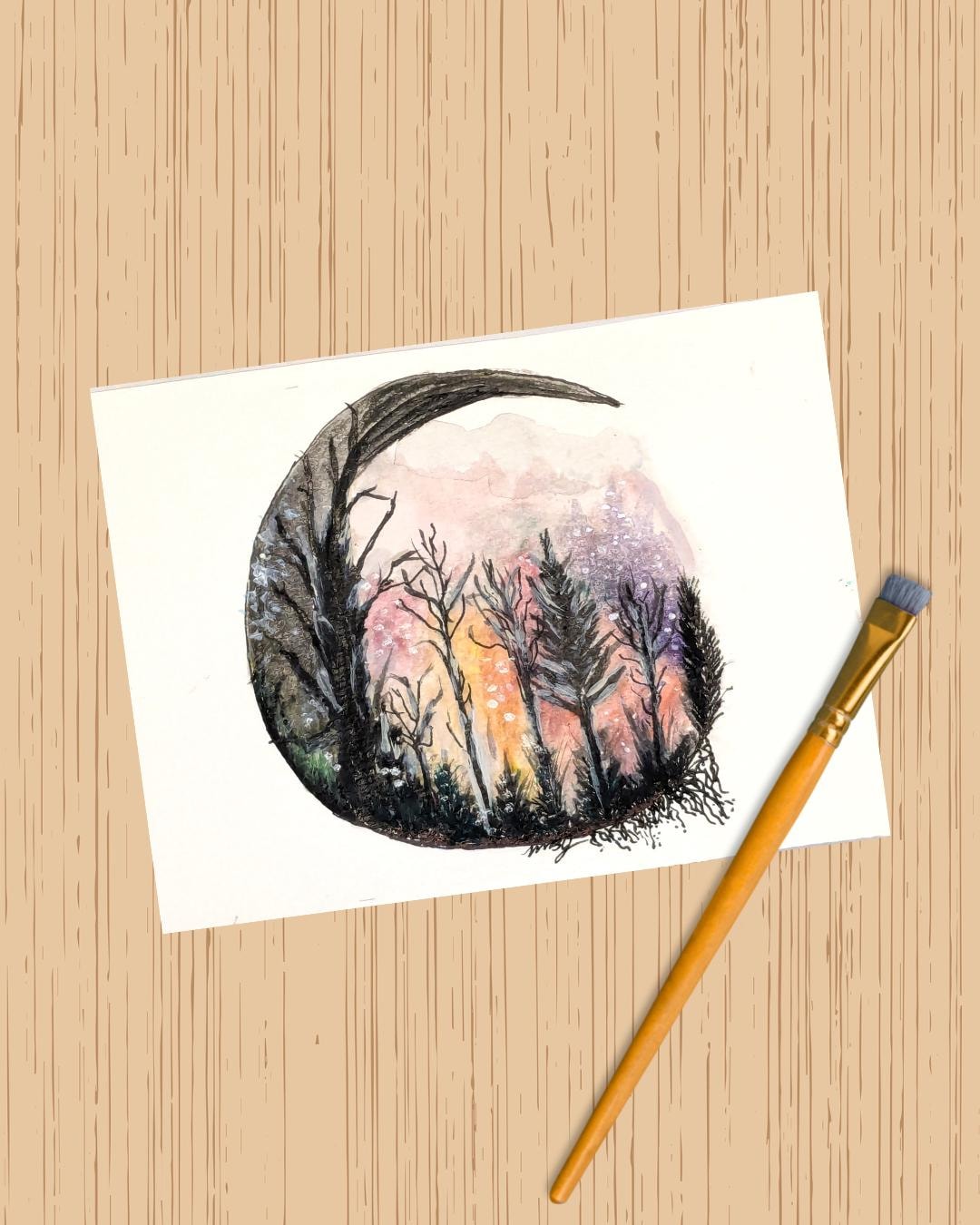 Black Cresent Moon Watercolor Painting, 5x7 Black or White Mat Included ...