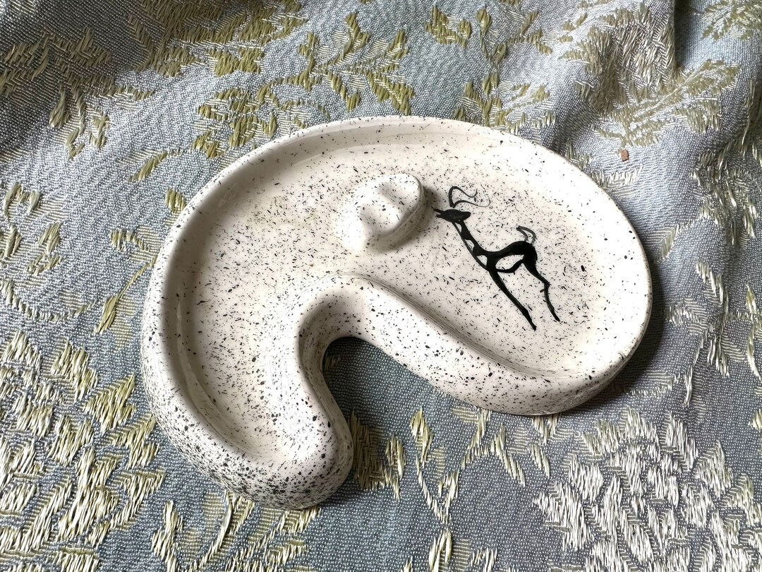 Vintage Mcm Tray Trinket Dish off White Speckled Ceramic With Deer ...