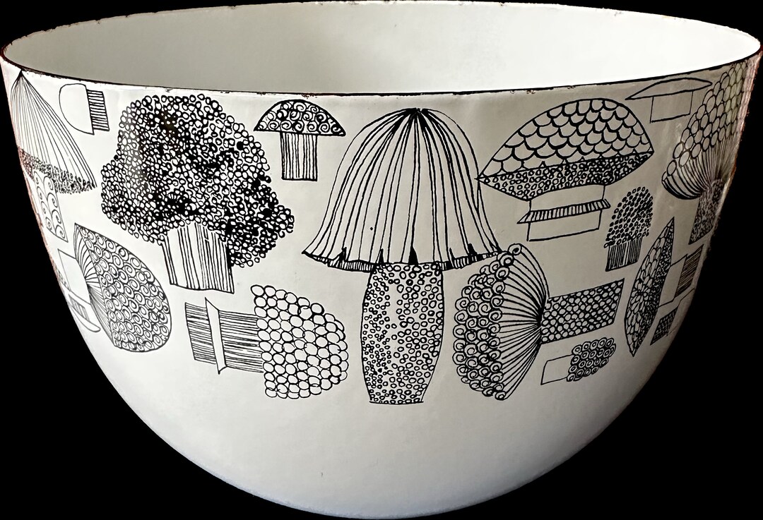 Vintage Finel Arabia Enamelware Bowl Mushroom Pattern 8.5” Black ...