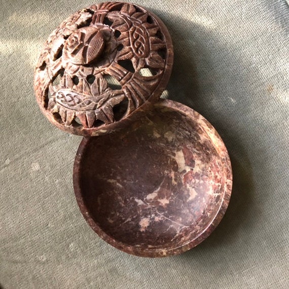 Carved soapstone round trinket box momentous containe… - Gem