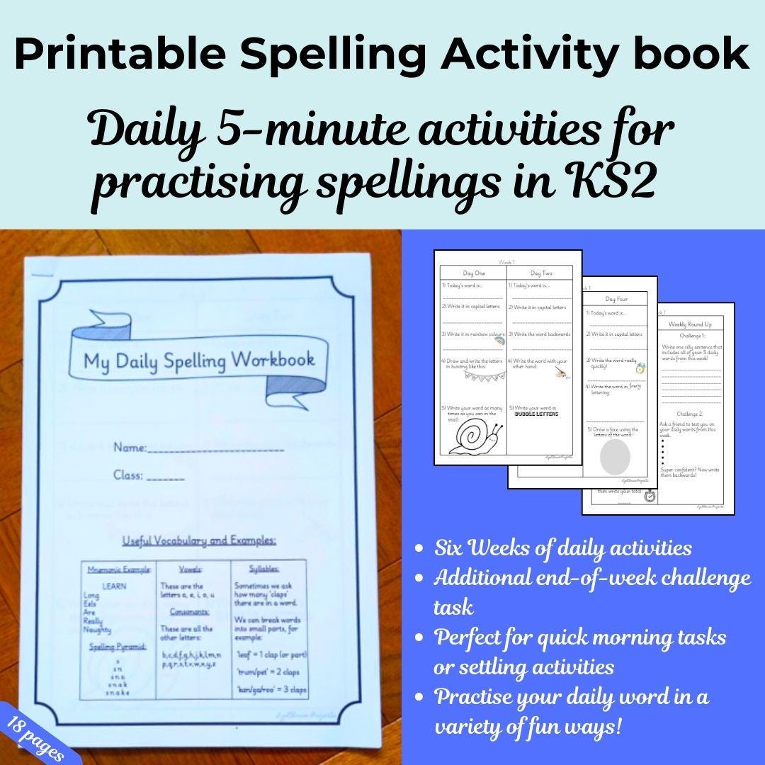 Printable Daily Spelling Activity Workbook KS2, 5-minute Daily Spelling ...
