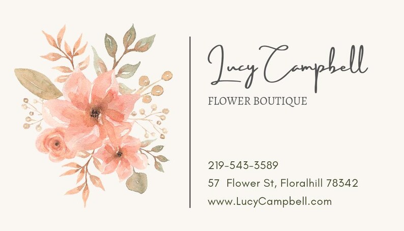 Business Card, Cream and Pink Floral, Singled Sided, Calling Card ...