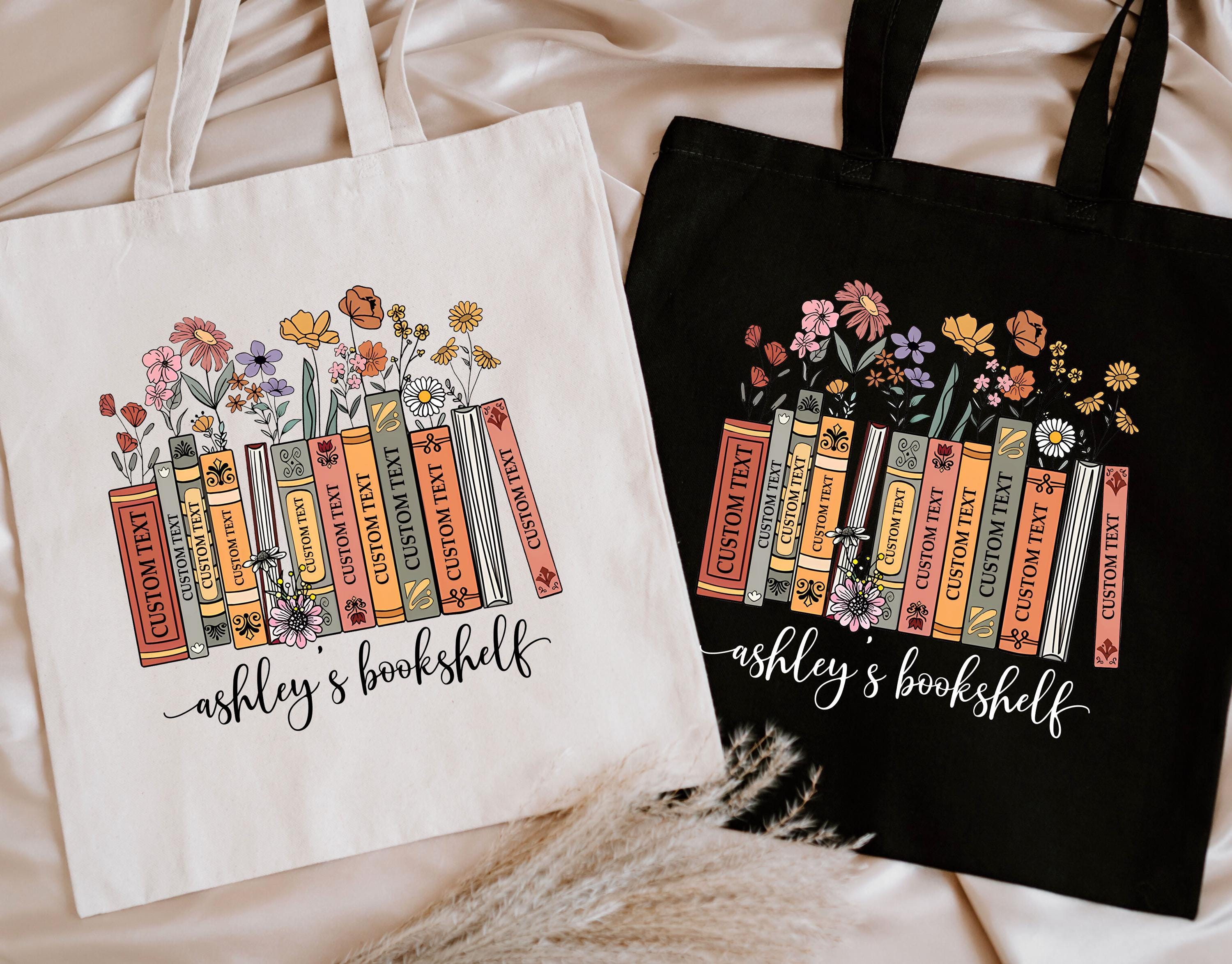Custom Bookshelf Tote Bag, Floral Book Title Tote Bag, Book Lover Gift ...