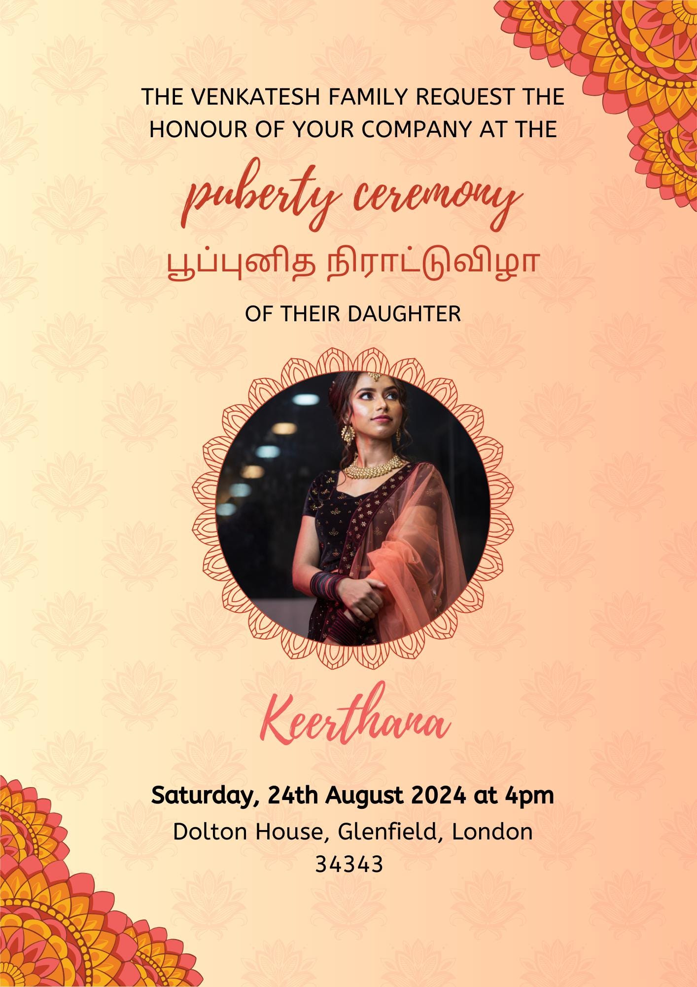 Tamil Puberty Ceremony Invitation Template Editable Canva Design ...