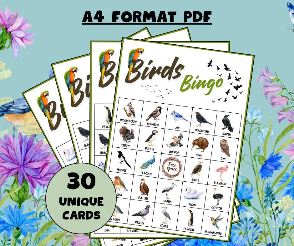 Birds Bingo Game - 30 Unique Birds Bingo Cards - Printable A4 Format ...