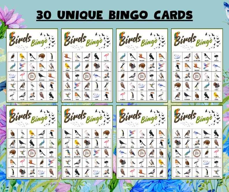 Birds Bingo Game - 30 Unique Birds Bingo Cards - Printable A4 Format ...
