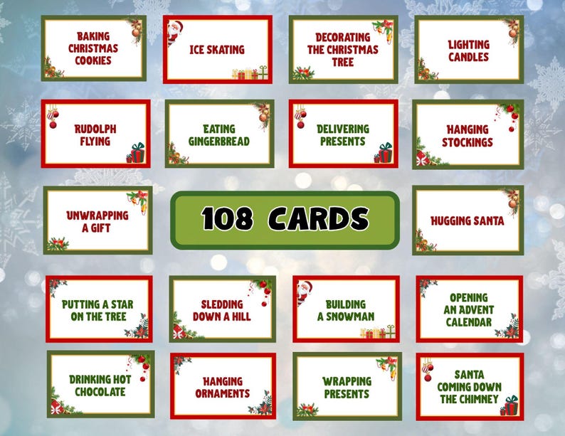 Christmas Charades Game • 108 Printable Holiday Cards (instant Download ...