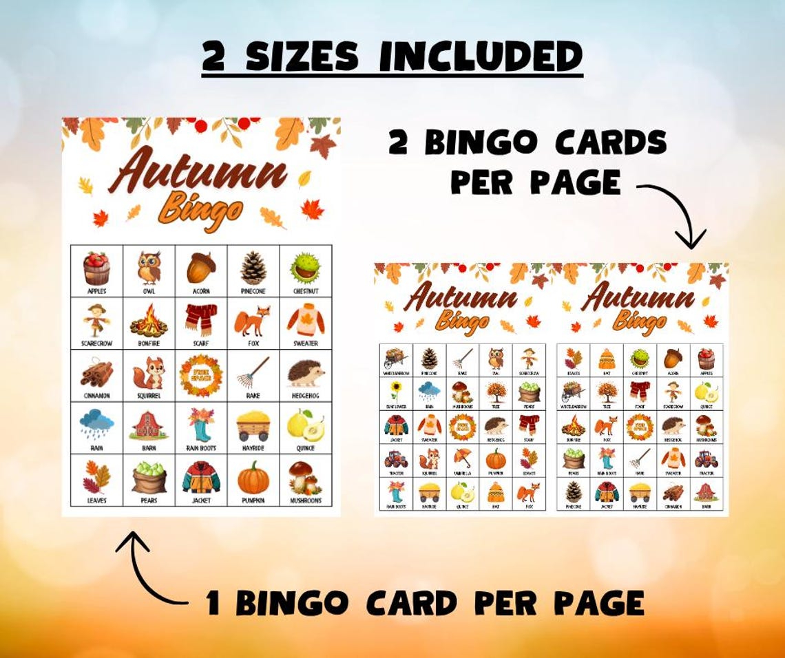 Autumn Bingo Game - 50 Unique Bingo Cards, Printable Letter PDF - Fun ...