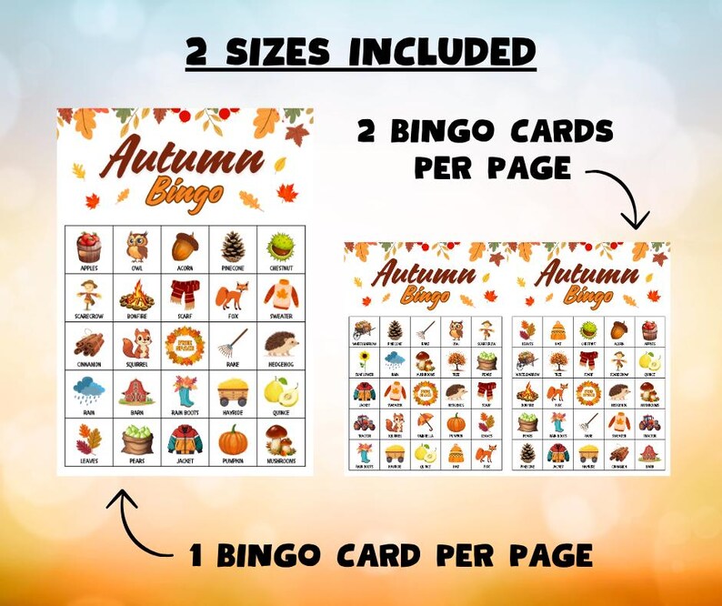 Autumn Bingo Game 50 Unique Bingo Cards, Printable Letter PDF Fun Fall ...