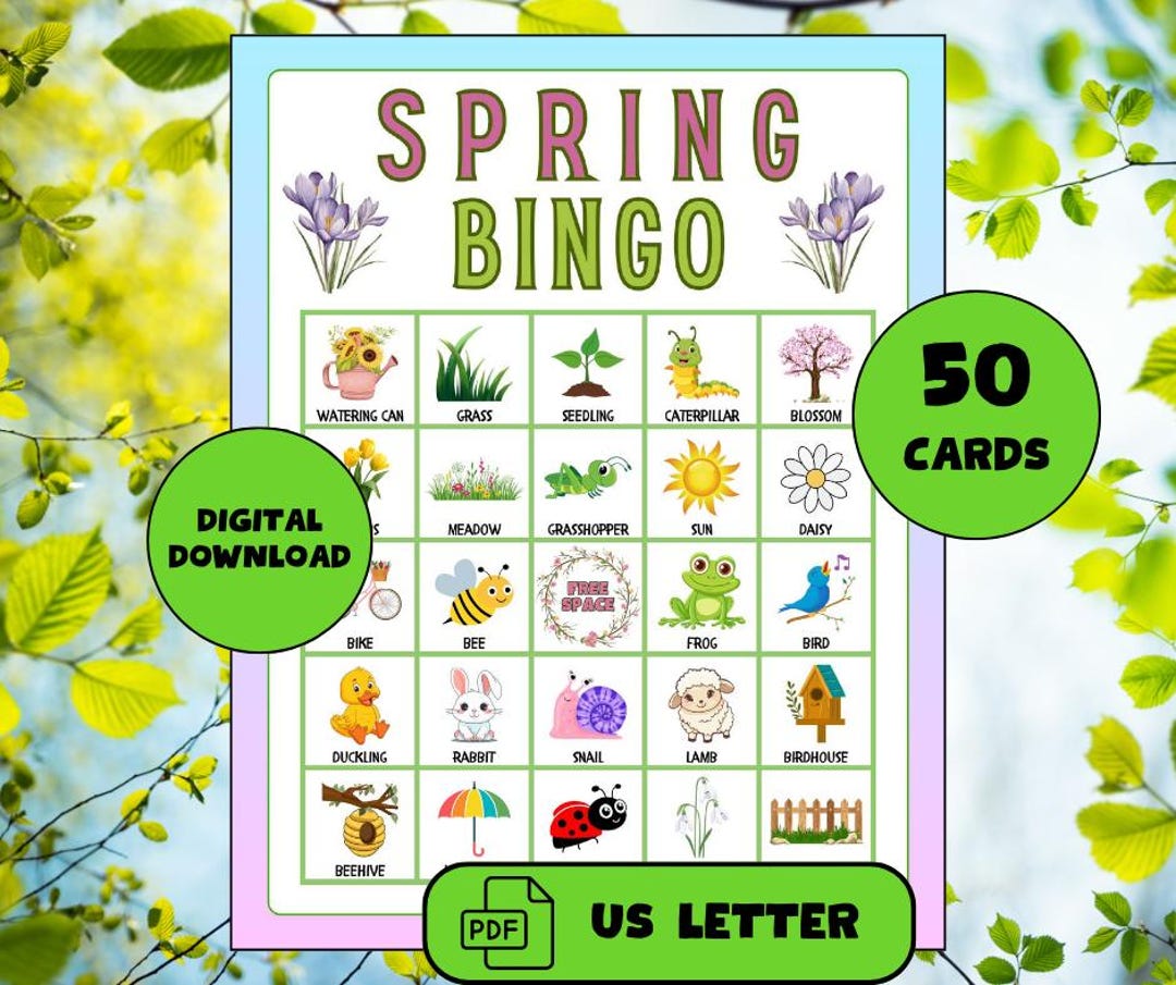 Spring Bingo Game, 50 Unique Bingo Cards, Printable PDF, Fun Spring ...