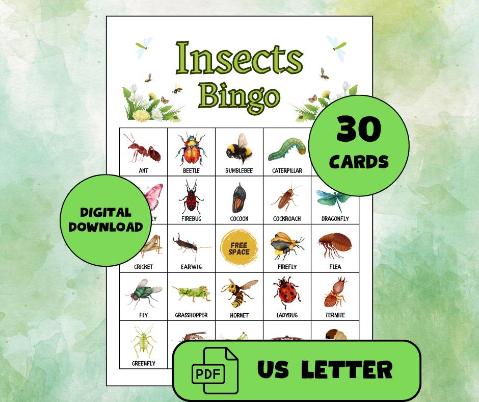 Insect Bingo Game - 30 Unique Bugs Bingo Cards - Printable US Letter ...