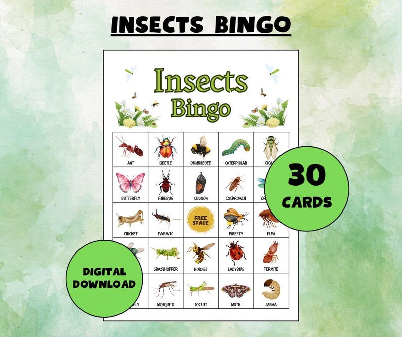 Insect Bingo Game - 30 Unique Bugs Bingo Cards - Printable A4 Format ...