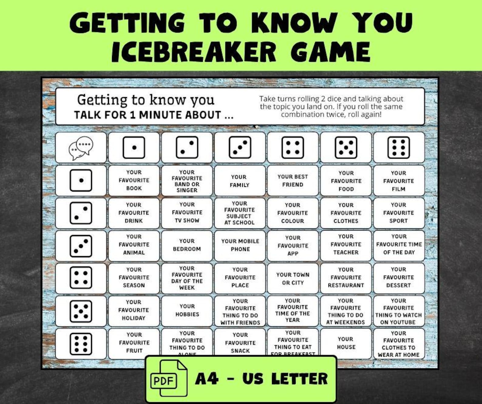 Icebreaker Dice Game: Getting to Know You Activity (PDF Download ...