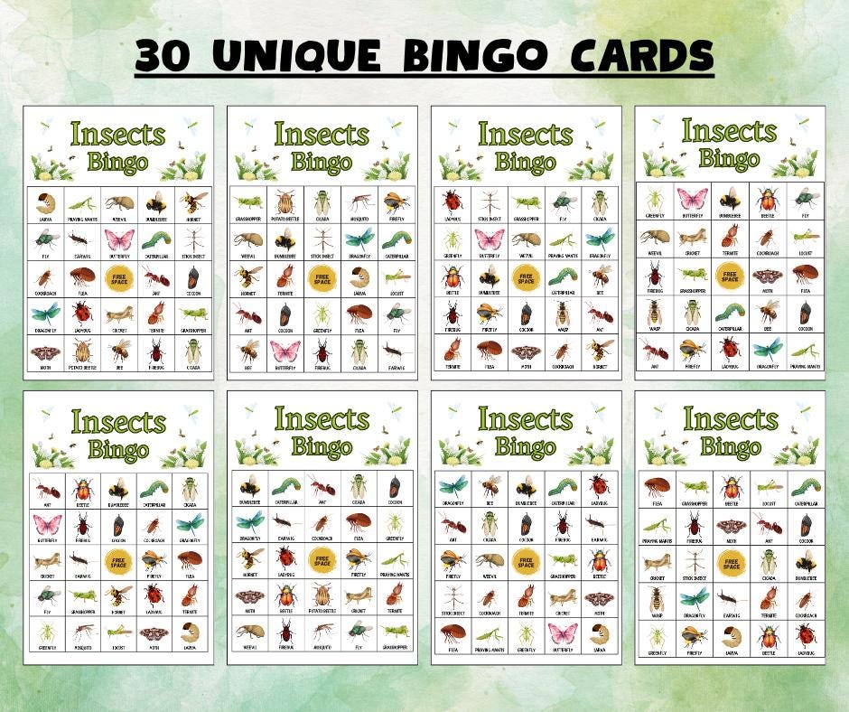 Insect Bingo Game: 30 Unique Bugs Cards (printable PDF) - Etsy