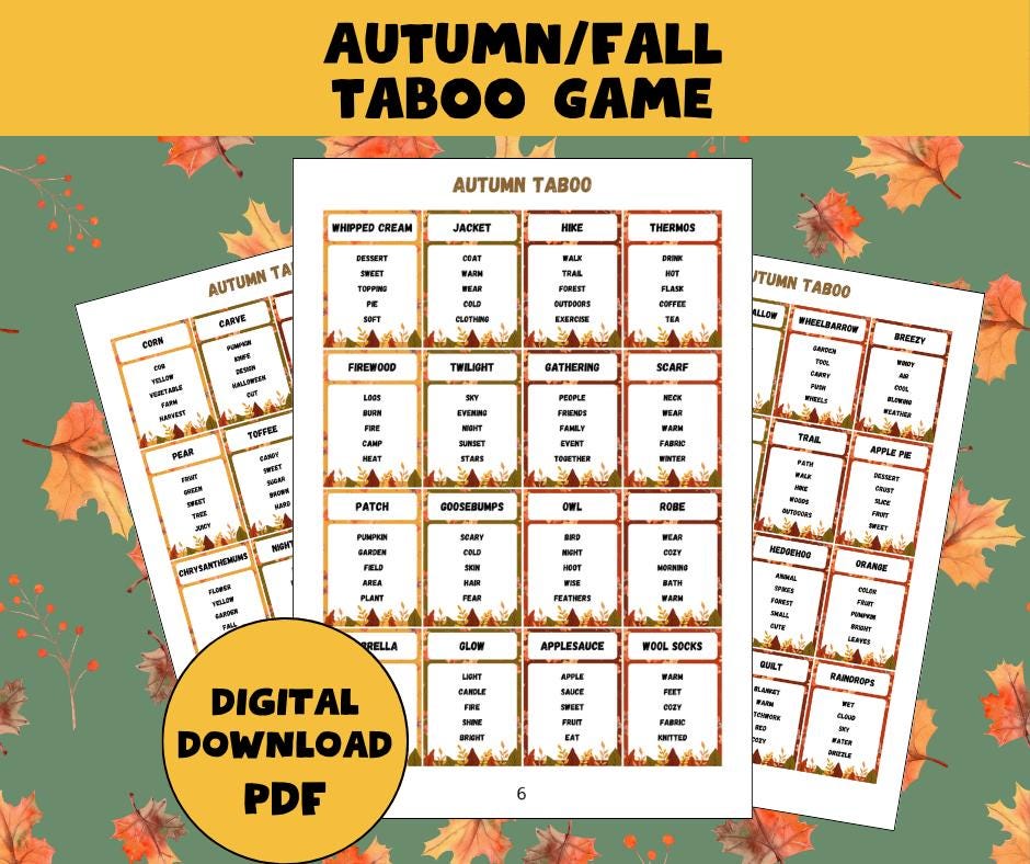 Autumn/fall Themed Taboo Game - 96 Printable Cards, Fun Party Game ...