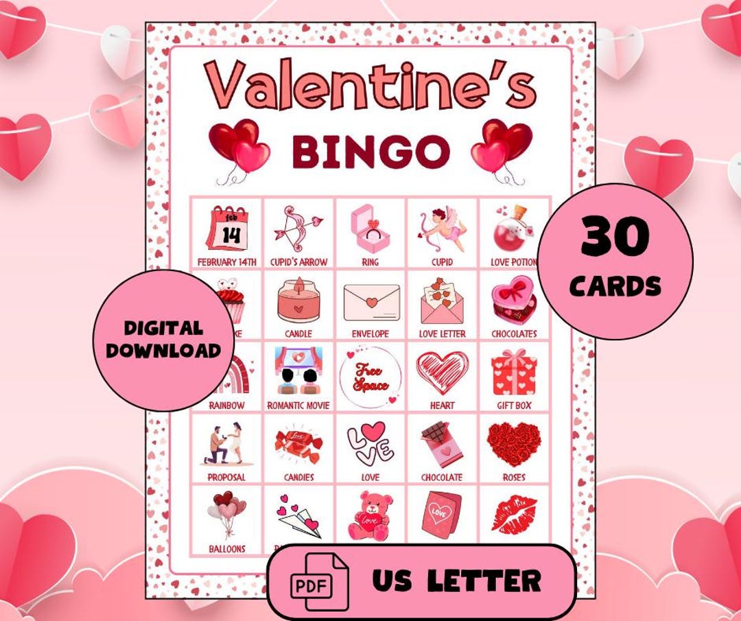 Valentine's Day Bingo Game: 30 Unique Cards (printable PDF) - Etsy