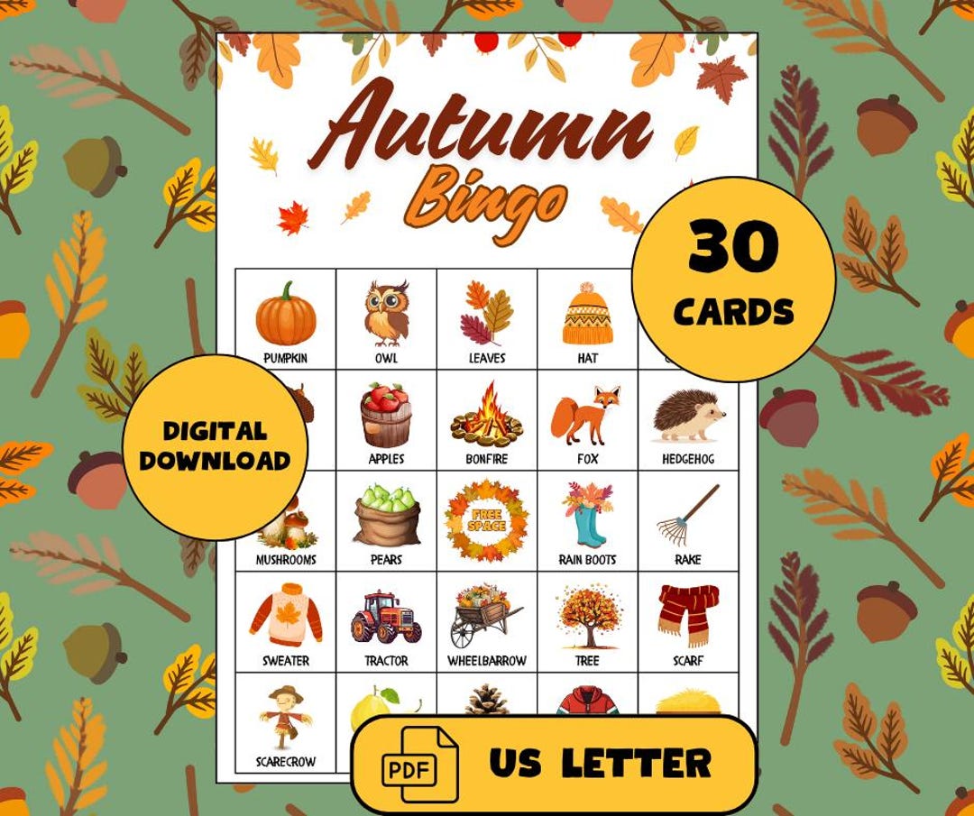 Autumn Bingo Game - 30 Unique Bingo Cards, Printable Letter PDF - Fun ...