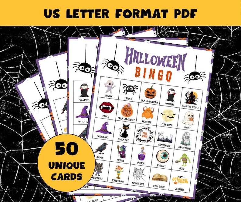 Halloween Bingo Game: 50 Unique Cards, Printable PDF (digital Download ...