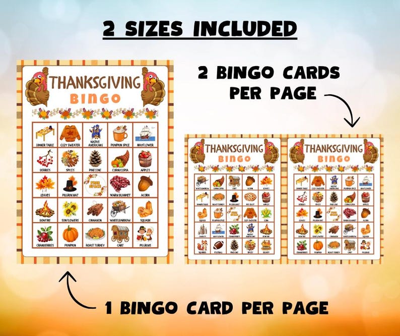 Thanksgiving Bingo Game - 50 Unique Bingo Cards, Printable PDF - Fun ...