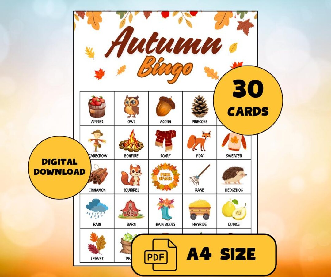 Autumn Bingo Game 30 Unique Bingo Cards, Printable A4 PDF Fun Fall ...