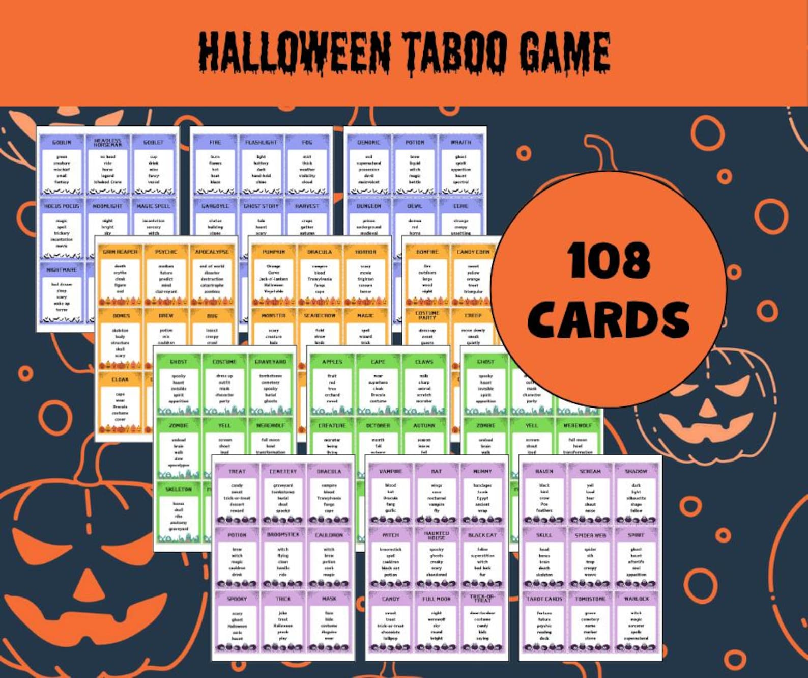 Halloween Taboo Game: 108 Spooky Word Cards (instant Download) - Etsy