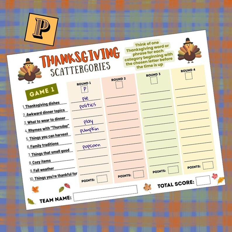 Thanksgiving Scattergories Printable | Thanksgiving Party Game for ...