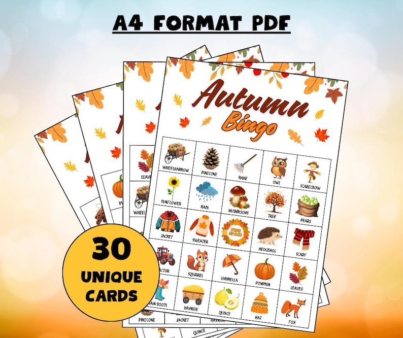 Autumn Bingo Game 30 Unique Bingo Cards, Printable A4 PDF Fun Fall ...