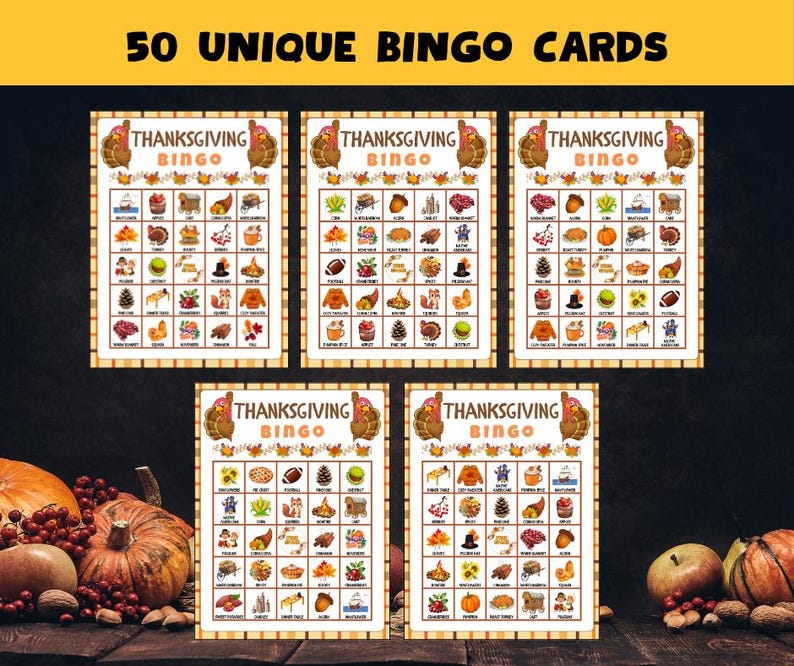 Thanksgiving Bingo Game - 50 Unique Bingo Cards, Printable PDF - Fun ...