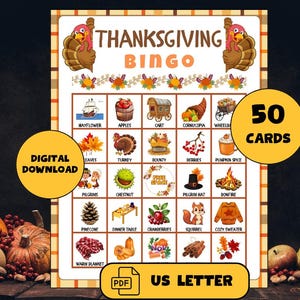 Thanksgiving Bingo Game: 50 Unique Cards, Printable PDF (digital ...