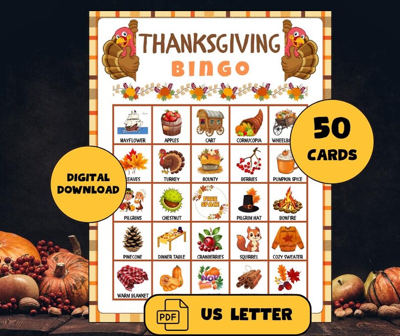 Thanksgiving Bingo Game - 50 Unique Bingo Cards, Printable PDF - Fun ...